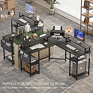 Aheaplus L Shaped Gaming Desk with Power Outlets & LED Lights, L- Shaped Desk Computer Corner Desk with Monitor Stand and Storage Shelf, Home Office Desk Writing Desk with Storage Bag, Grey Oak