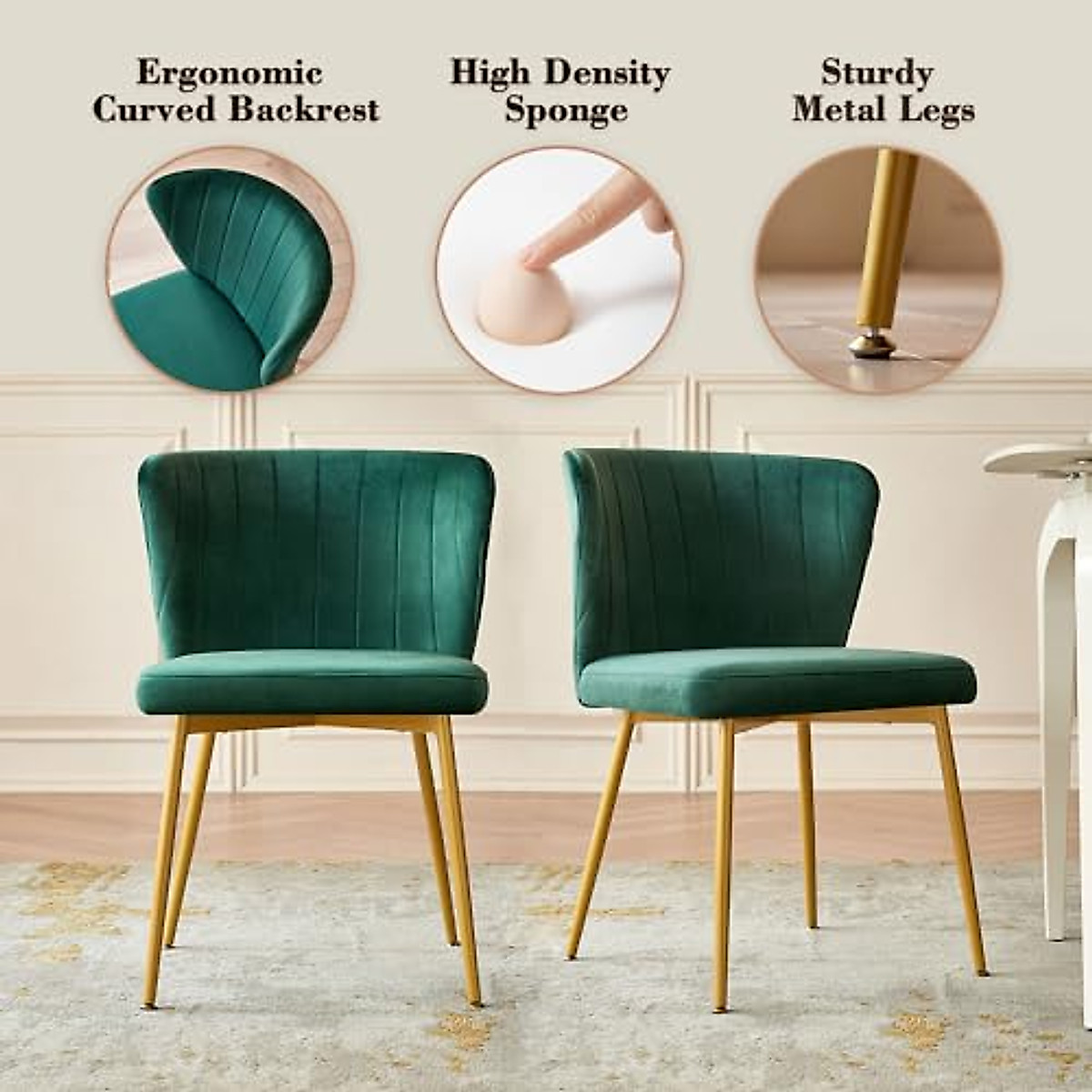 HAIZAO Modern Green Velvet Dining Chairs Set of 2, Curved Backrest Upholstered Kitchen Dining Room Chairs, Mid-Century Dining Chair with Golden Metal Legs
