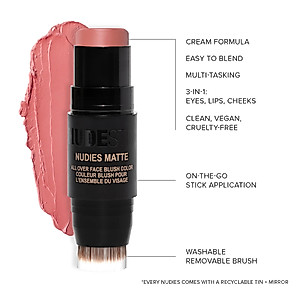 Nudestix Nudies Matte Cream Blush Stick 3-in-1 All Over Face Color - Blush Stick for Cheeks Eyes and Lips - Cream Blush for Cheeks w/Blending Brush (Naughty N' Spice)