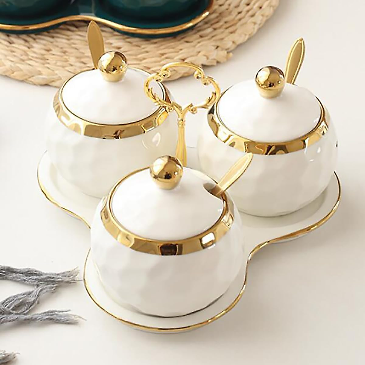 Foraineam Porcelain Condiment Pot Sugar Bowl Spice Jars with Lid, Spoon and Tray, Salt Container Spice Box Seasoning Pots, White Sugar Salt Bowls Set for Kitchen, Restaurant, Coffee Bar, Set of 3