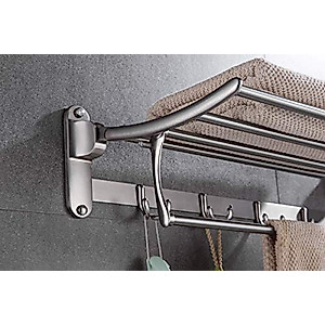 ELLO&ALLO Towel Racks for Bathroom Shelf with Foldable Towel Bar Holder and Hooks Wall Mounted Multifunctional Racks, Brushed Nickel