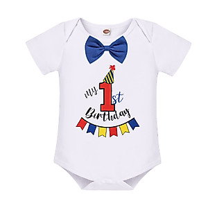 1st First Birthday Outfit Baby Boy Cake Smash One Year Old Party Newborn Toddler Bow Tie Short Sleeve Romper Shorts Pants Y-back Suspenders 3PCS Clothes Set Photo Shoot Royal Blue+Red 12-18 Months