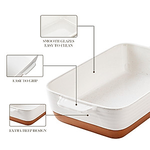 MALACASA 4.8 Quarts Ceramic Baking Dish with Handles, 9 x 13 Inches Casserole Dish, Deep Rectangular Lasagna Pan, Khaki & White Oven Safe Bakeware for Baking, Roasting, Series Tara