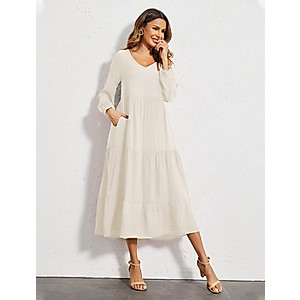 Halife Ladies Fall Dress Long Sleeve Ruffle A-line Flowy Maxi Dresses with Pockets Beige S