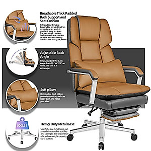 SeekFancy Reclining Office Chair with Footrest O203, Big and Tall Office Chair 500lbs Wide Seat with 170° Backrest, High Back Large Executive Office Chair Lumbar Support，Brown Leather Managerial Chair