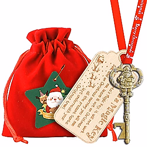 Christmas Santa Key Ornament, Santas Magic Key for No Chimney Houses, Santa Key with Wood Engraved Wooden Tag and Red Bag and Ribbon, Vintage Santa Claus Christmas Ornaments Decorations
