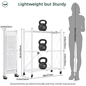 DEANIC 3 Tier Foldable Storage Shelves with Wheels, Large Capacity Shelving Unit, Freestanding Metal Wire Shelf Rack, No Assembly Organizer Rack for Garage Kitchen, Basement, Pantry(White)
