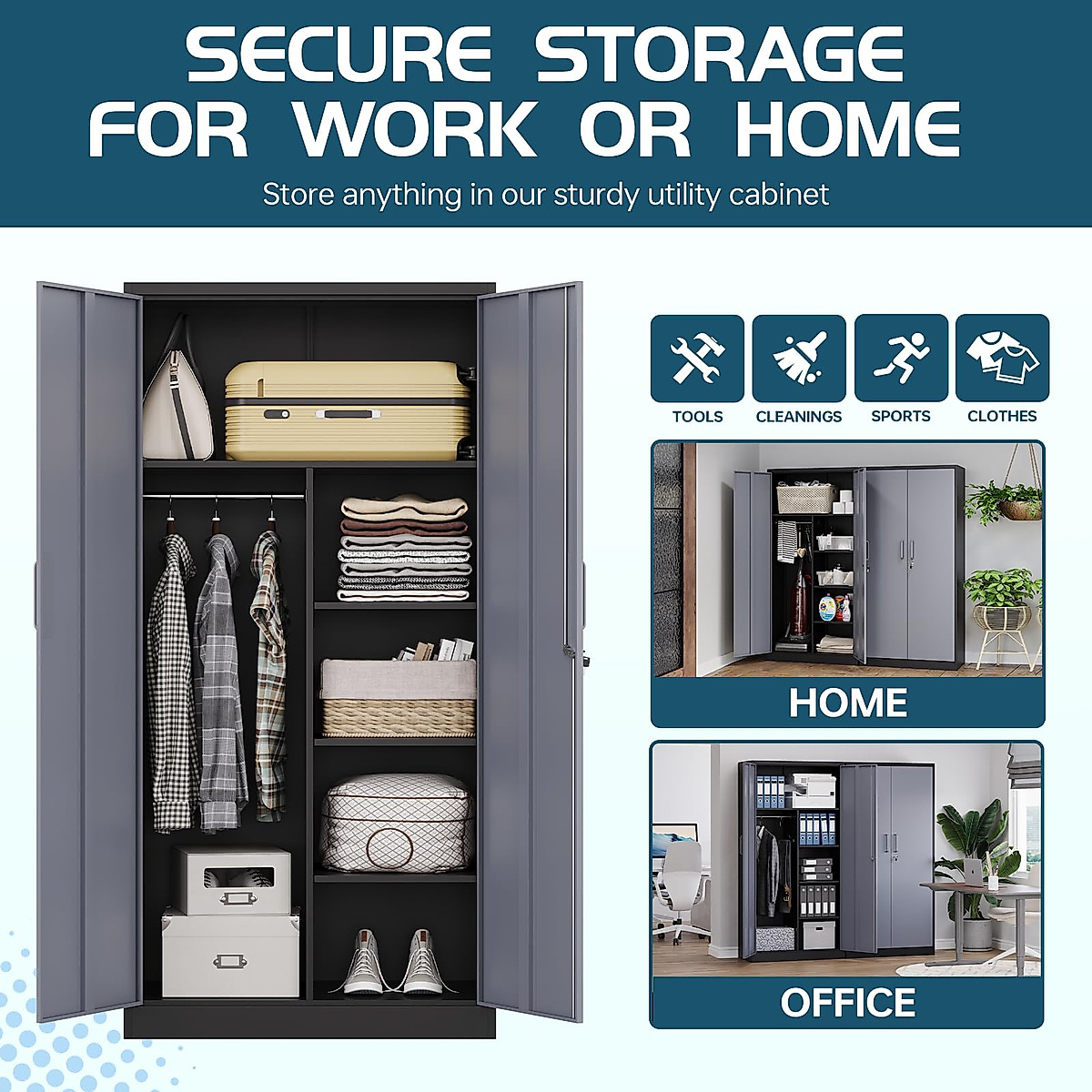 MIIIKO Metal Clothing Storage Locker, Steel Wardrobe Cabinets with Shelves and Closet Rod, 72" Large Storage Locker Closet for Sports Equipment, Tools, Cleaning Supplies, Garments