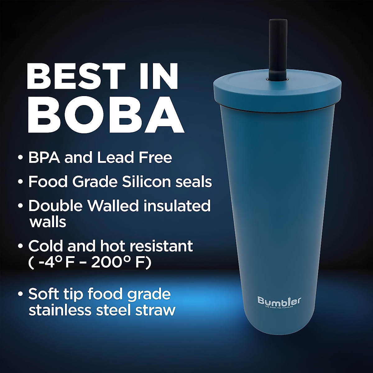 Stainless Steel Bubble Tea Cup - Bumbler 24oz Large Reusable Eco-Friendly Tumbler with Wide Soft Tip Metal Straw, Leak-Proof Lid - for Boba, Smoothies, Iced Coffee, Hot or Cold Drinks - Blue Eclipse