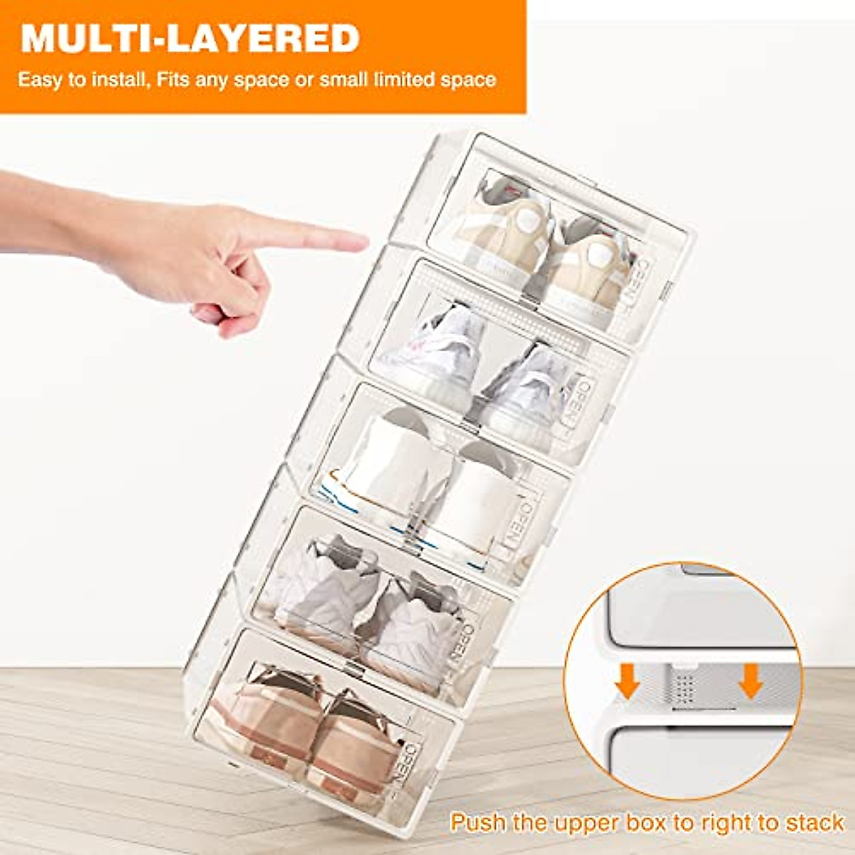 Fixwal 15 Pack Large Capacity Shoe Organizer Storage Boxes Foldable Shoe Storage Containers Clear Plastic Stackable Shoe Storage Bins for Closet, Space Saving