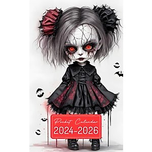 Pocket Calendar 2024-2026: Two-Year Monthly Planner for Purse , 36 Months from January 2024 to December 2026 | Tim Burton style gothic doll | Female spooky evil possessed | Ripped up black outfit