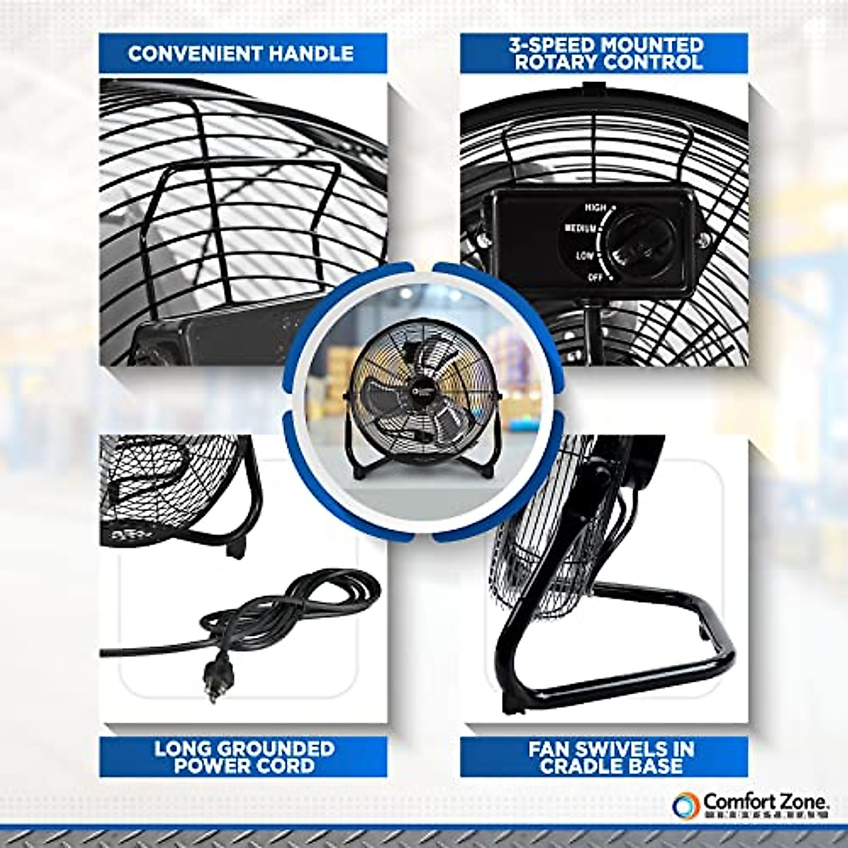 Comfort Zone CZHV14B 14” High Velocity 3-Speed Cradle Mount Floor Fan with 180-Degree Adjustable Tilt, All-Metal Construction, Carry Handle and Rubber Feet for Stability, Black