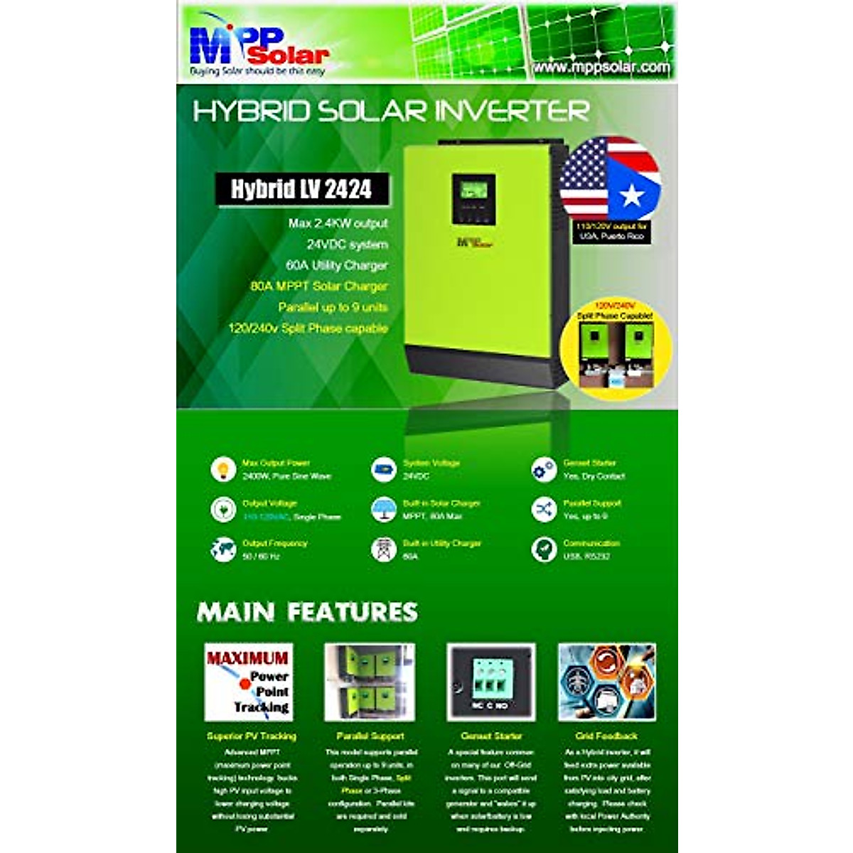 MPP Solar Hybrid or Off-Grid 2400w Pure Sine Wave Power Inverter with mppt Solar Charger 80A DC 24V AC Output 110V 120V with 60A Utility Charger 50HZ or 60HZ