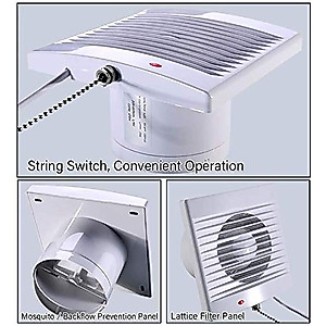 SAILFLO 6 Inch Wall-Mounted Exhaust Fan, 18W Ventilation Extractor with Anti-backflow Check Valve Chain Switch for Window Duct Glass Grow Tent Bathroom Vents - 8"×8" Grid Panel - Small Size