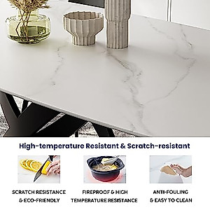 POVISON Modern Dining Table for 4, White Dining Table Sintered Stone Dining Table Top with X-Shape Carbon Steel Pedestal Table, 55 inch Rectangle Dining Table for Dining Room Table