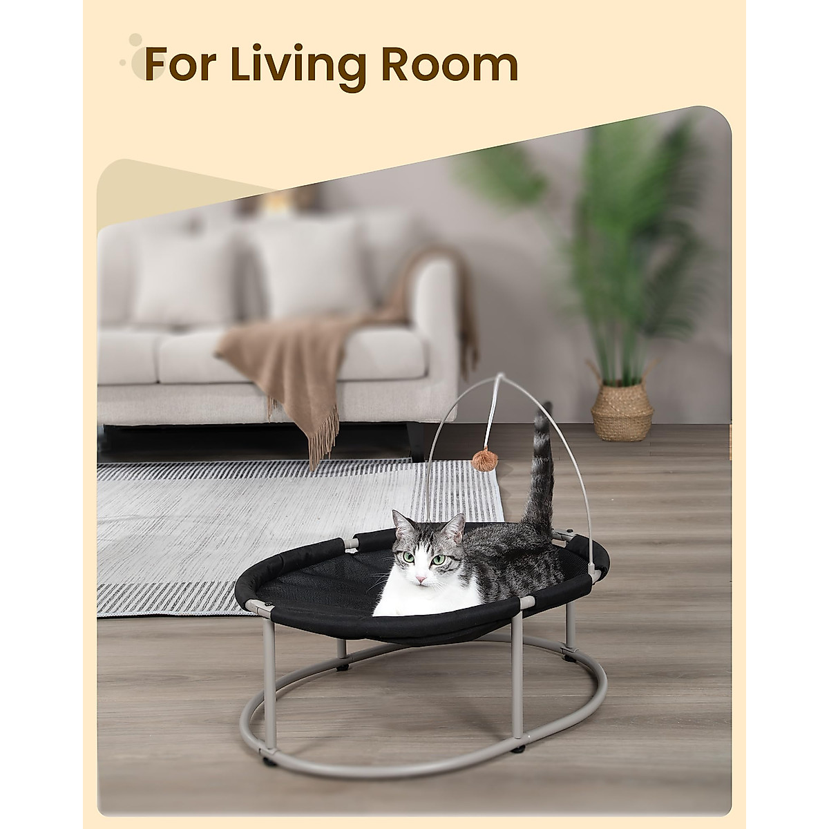 Hzuaneri Oval Raised Cat Bed, Elevated Pet Hammock, for Kitty Cat Small Dog with Pompom, Detachable and Washable, Easy Assembly Cat Cot Excellent Breathability, for Indoors & Outdoors, Black PB06701X