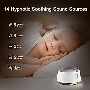 Sundiko White Noise Machine, Sleep Sounds Machine with 14 Soothing Sounds, 5 Sleep Timer and Night Light, Noise Machine for Sleeping Baby Kids Adults White