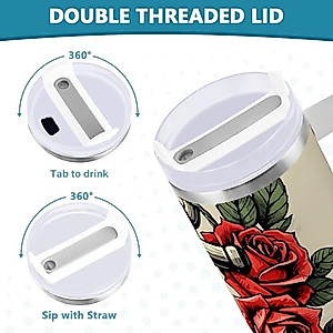 Nexawaveo Mooring Rose Beige Tumbler With Handle And Straw 30-40oz Insulated Tumbler Cups With Lid Stainless Steel for Cold Water and Drinks for School Work Sports Car Travel and Weekends