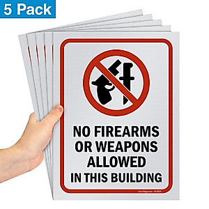SmartSign (Pack of 5) 12 x 9 inch “No Firearms Or Weapons Allowed In This Building” Sign, Screen Printed, 10 mil Polystyrene Plastic, Red/Black on White