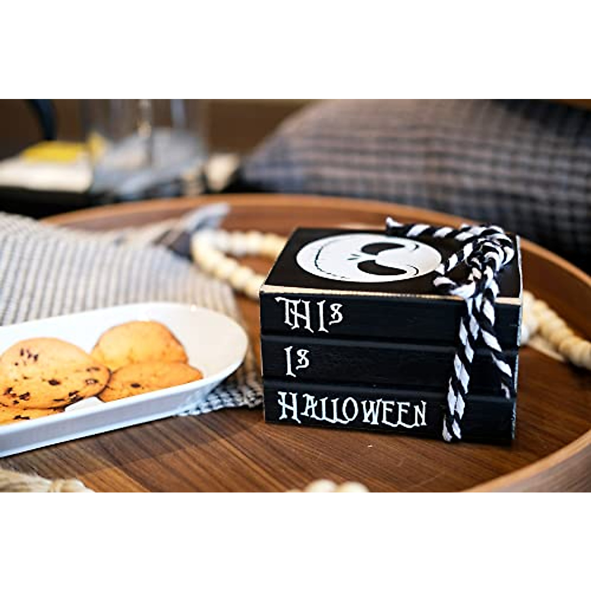 LIVDUCOT Mini Black Halloween Tiered Tray Decor Wood Decorative Book Stack-5x4x3" Rustic Farmhouse Fake Wooden Books for Home Table Decorations Nightmare Before Christmas & This is Halloween Sign
