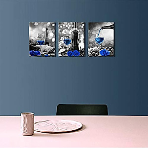 Wine Decor Kitchen Canvas Art Blue Wine Rose Artwork for Home Walls Black and White With Blue Wine Painting Printed Rose Art Dining Room Decor Blue Kitchen Pictures Wall Decor Stretched 12x16inchx3
