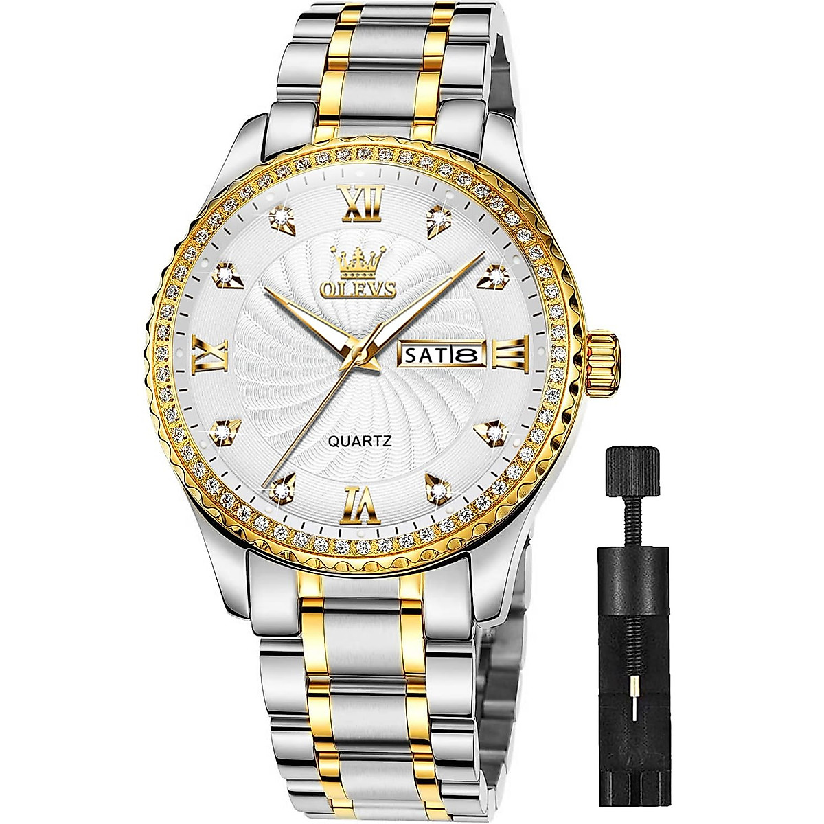 OLEVS Mens Watches Diamond Luxury Business Dress White Wrist Watch Quartz Stainless Steel Day Date Waterproof Luminous