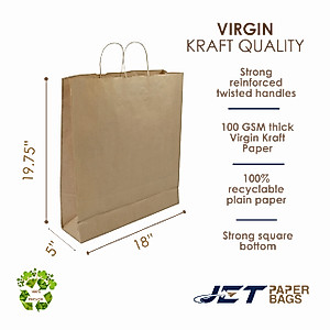 JET PAPER BAGS - 18x5x19.75 Inch [50 Pcs] Large Brown Paper Bags with Handles Prime for Takeout, Grocery, Goody, Retail, Party, Gifts, Weddings - Recyclable Kraft Paper Gift Bags with Handles