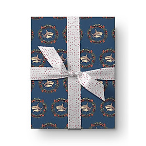 Shark Wreath Christmas Wrapping Paper, Christmas Holiday Gift Wrap, Ocean Animal Theme Party Decor (20 inch x 30 inch sheet)