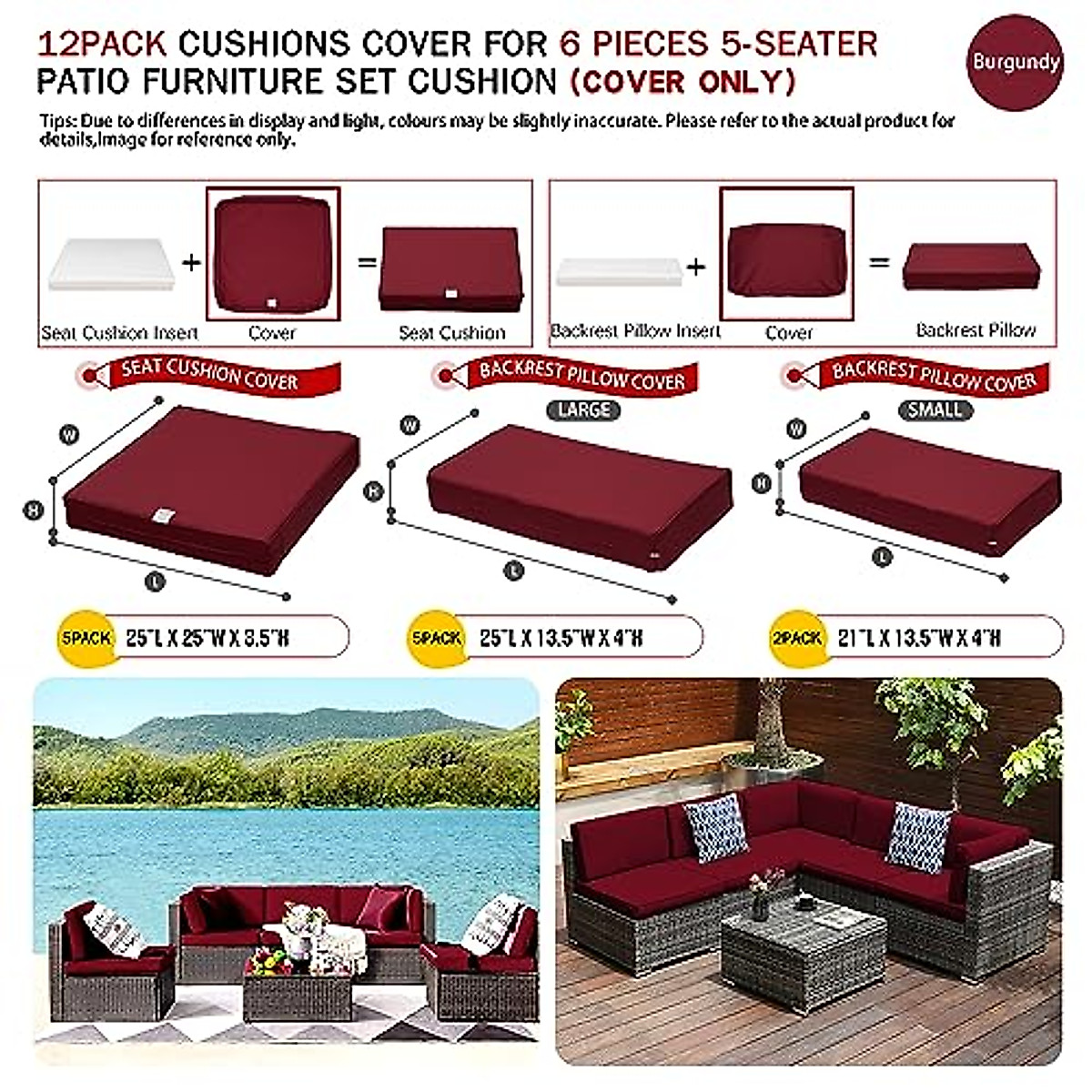 12 Pack Outdoor Patio Cushions Pillows Replacement Covers Fit for 6 Pieces 5-Seater Wicker Rattan Furniture Conversation Set Sectional Sofa Chair,Water-Resistant Fadeless,Burgundy-Covers Only