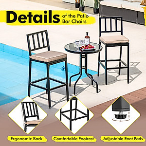 COSTWAY 4 PCS Patio Bar Chairs, Heavy-Duty Metal Frame Bar Stools, Indoor Outdoor All-Weather Resistant Barstools with Detachable Cushion & Footrest, for Patio, Garden, Poolside (4)
