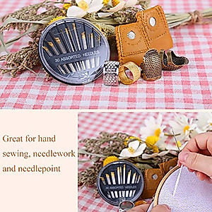 8 Pcs Sewing Thimble + 30 Pcs Sewing Needles, Finger Protector Fingertip Thimble Adjustable Metal Bronze Sewing Thimble Rings and Leather Coin Thimble for Needlework, Hand Embroidery Craft