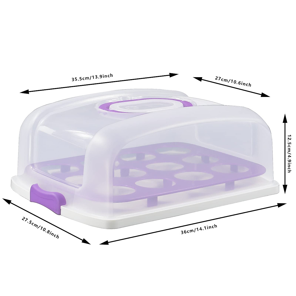 DIIRPPR 2in1 Cupcake Carrier and Cake Keeper with Lid, Rectangle Pie Carrier,Large Portable Storage Container for Storing 12 Cupcakes or 1 Large Cake (Purple)