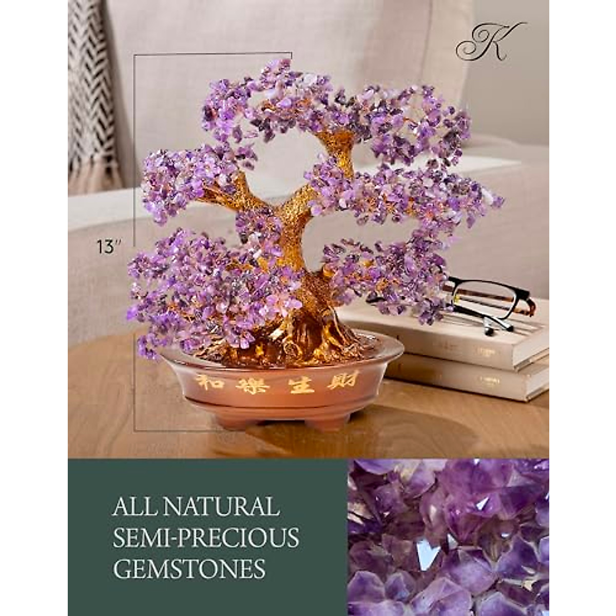 KALIFANO Large Amethyst (1,251 Gemstone Count) Chakra Crystal Tree with Healing Properties - Bonsai Feng Shui Money Tree for Positive Energy, Luck and Wealth