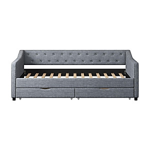 Jintop Twin Size Upholstered Daybed with 2 Drawers and Button Tufted Back,Elegant Wood Storage Sofa Bed Frame w/Waved Shape Arms,Slat Support,for Apartment,Bedroom,Light Grey