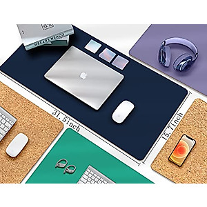 Aothia Office Desk Pad, Natural Cork & PU Leather Dual Side Large Mouse Pad, Laptop Desk Table Protector Writing Mat Easy Clean Waterproof for Office Work/Home/Decor (Dark Blue,31.5" x 15.7")