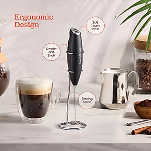 Powerful Handheld Milk Frother, Mini Milk Foamer, Battery Operated (Not included) Stainless Steel Drink Mixer with Frother Stand for Coffee, Lattes, Cappuccino, Frappe, Matcha, Hot Chocolate.