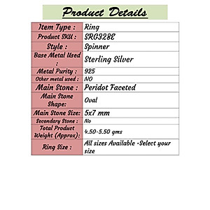 Peridot Silver Spinner Ring 925 Solid Sterling Silver Band Meditation Ring By Goyal Exports SRG328E (US-7.5)