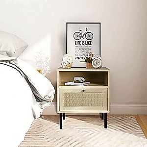 Lamerge Rattan Nightstand Set of 2, Wooden End Table, Modern Side Table with Storage Drawer and Opening Shelf, Accent Table for Living Room, Bedroom and Small Spaces, Natural