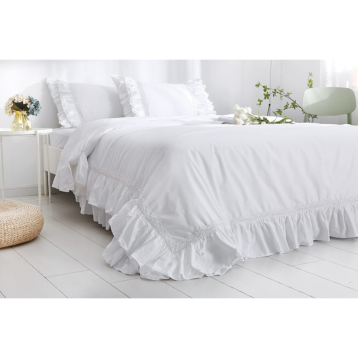 Meaning4 White Twin Duvet Cover with Ruffles and Lace Quilt Cover Egypt Cotton 68x90 Inch 1 Pieces Solid (Not Include Pillowcases and Insert)