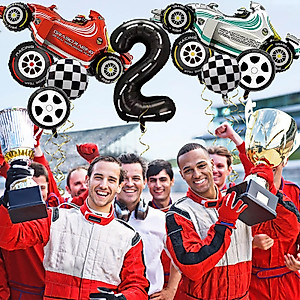 Number 2 Race Car Balloons, 43 Inch Race Car Party Decorations, Wheel Tire Balloons, Black and White Checkered Foil Balloons, Car Balloons for Boys 2nd Birthday Party Decoration - Pack of 9
