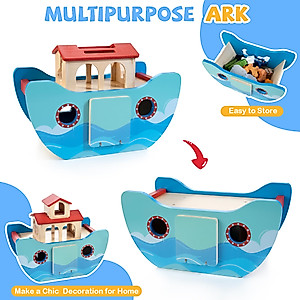 JUSTWOOD Wooden Noah's Ark Toy Animal Play Set, Bible Story Toys Baptism Gift for Boys and Girls, Baby Shape Sorter Toy, Comply with 2025 New ASTM F963-23