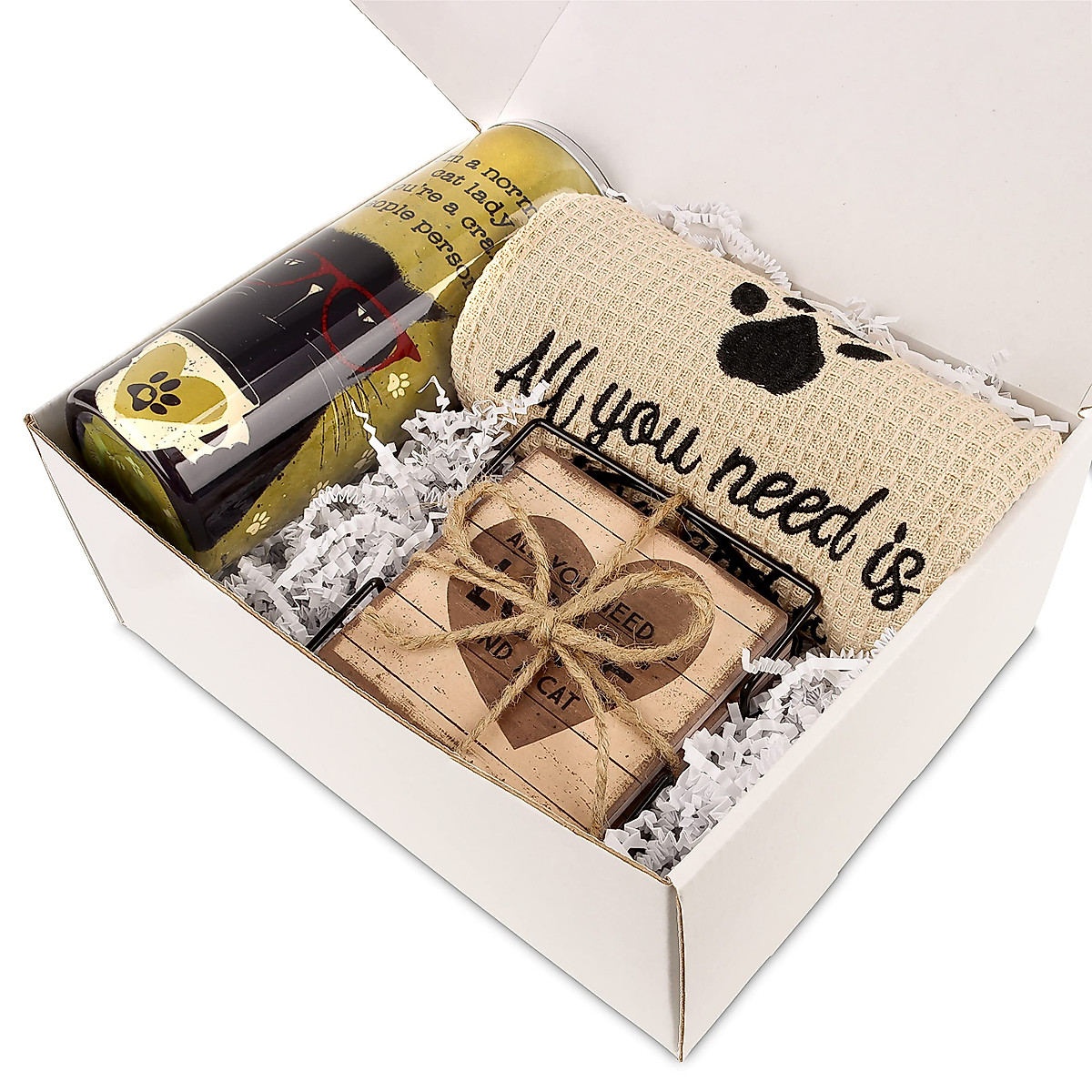 Cozy Home Base – Cat Lovers – Cat Gifts for Women – Coffee Tumbler, Funny Coasters, Kitchen Towel Gift Set