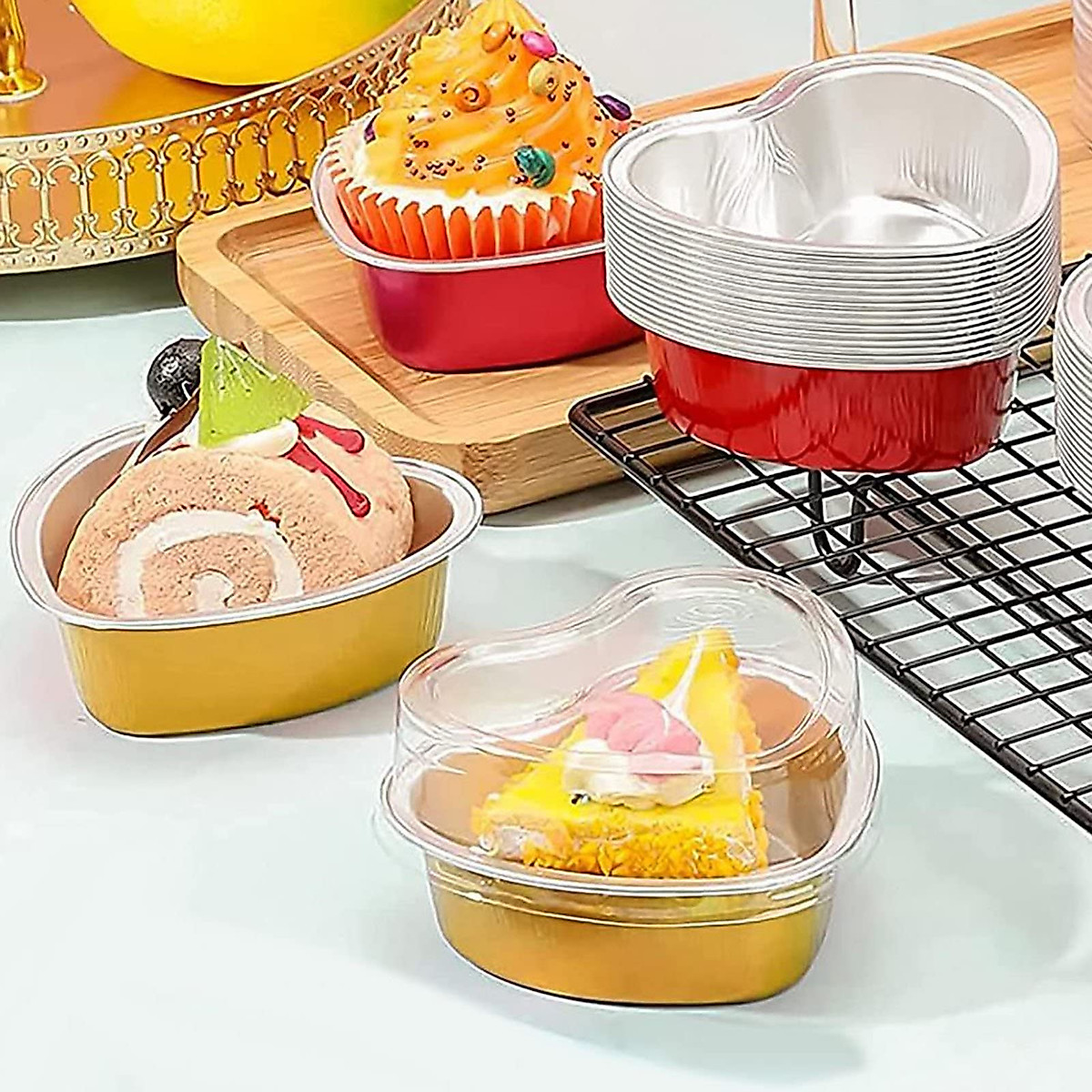 Aluminum Foil Cupcake Cup with Lids (40 Packs,3.4oz) Heart Shaped Cake Pans - Disposable Mini Cupcake Cup Flan Baking Cups for Valentine Mother's Day Wedding Xmas Birthday