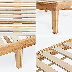 wonline Wood Platform Bed Frame Solid Wood Foundation No Box Spring Needed Wooden Slat Support Oak Wood Natural Finish Home Bedroom Furniture Platform Base