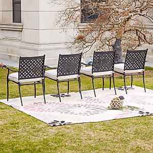 LOKATSE HOME 4 Piece Outdoor Patio Metal Wrought Iron Dining Chair Set with Arms and Seat Cushions - Beige