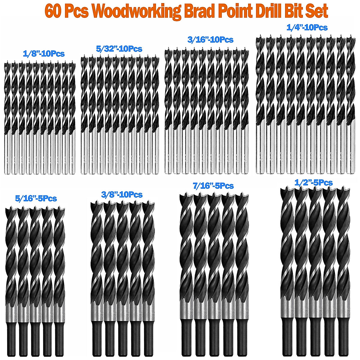 Brad Point Woodworking 60Pcs Drill Bit Set Drill for Hardwood Softwood