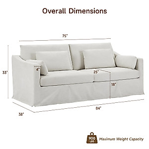 ONBRILL Slipcovered Sofa, 84" Modern Couch with Accent Pillows, 3 Seater Chenille Couch with Sloped Arm, Pocket Springs Seat Cushion, Washable Slipcover, Comfy Couch for Living Room, Apartment, White