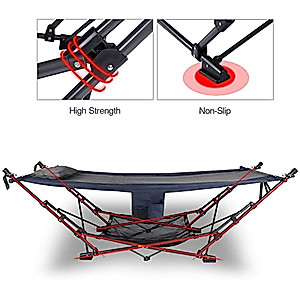 Lineslife Portable Hammock with Stand, Collapsible Foldable Hammock Includes Removable Pillow, Storage Net, Side Pocket with Cup Holder for Camping Beach Patio Travel