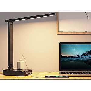 Wood LED Desk Lamp with 3 USB Charging Ports and 2 AC Outlets,3 Color Temperatures & 3 Brightness Levels, Touch/Memory/Timer Function,10W Eye Protection Foldable Reading Light,Office Table Lamp Wood