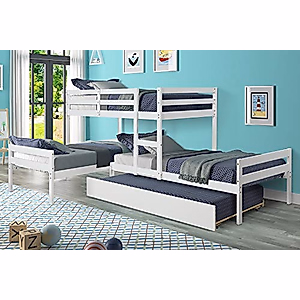 Hanway L-Shaped Bunk Bed with Trundle – Solid Pine Wood Material –– Easy to Assemble Plan Providing Unique Bedroom Setting for Small Living Spaces – Trendy Design Combined with a White Paint Coating